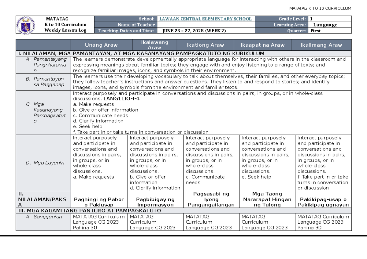 DLL Matatag Language 1 Q1 W2 V2: Weekly Lesson Log for Grade 1 - Studocu