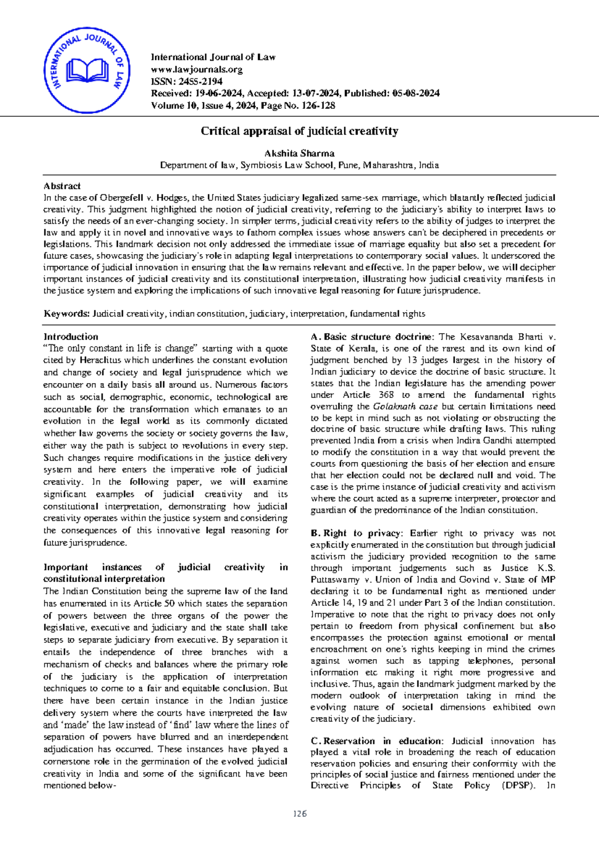 Judicial Creativity in Indian Law: A Critical Appraisal (LAW 101) - Studocu