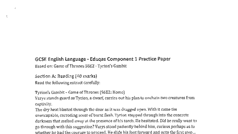 GCSE English Language Eduqas Component 1 Practice Paper: Game of ...