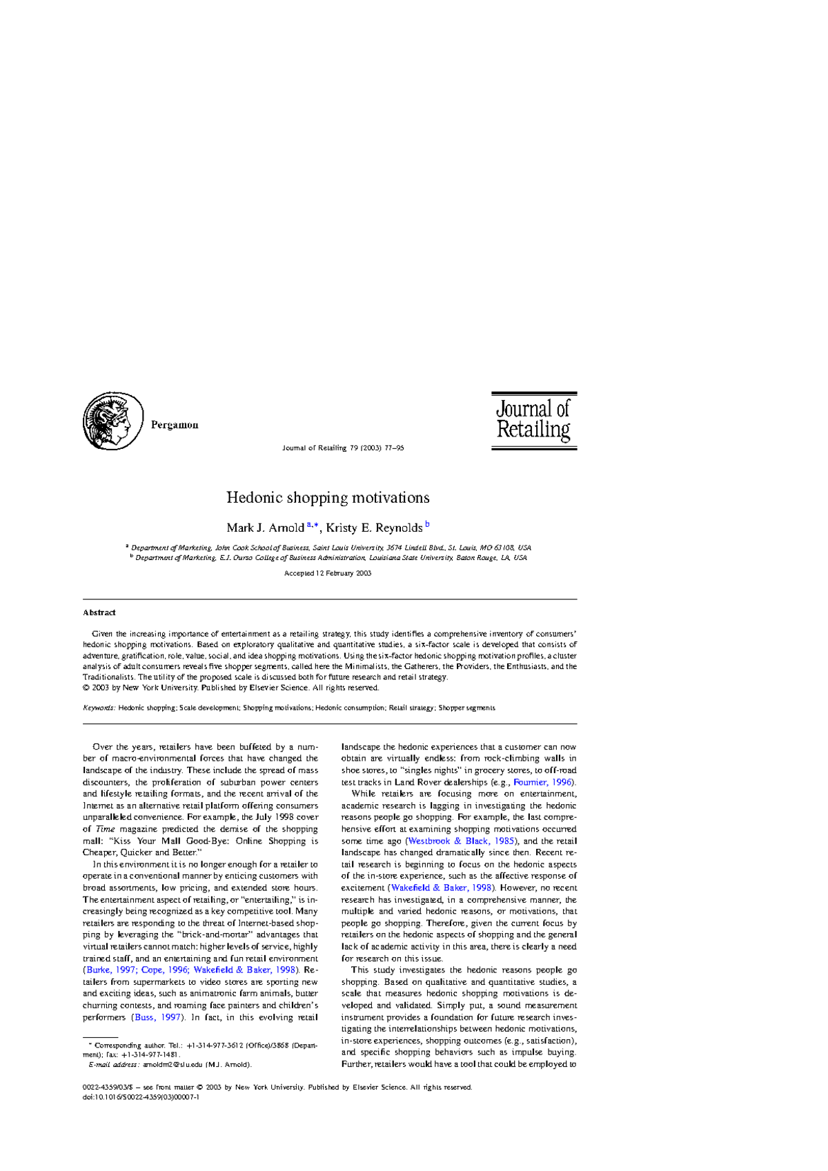 Hedonic Shopping Motivations: Insights from Journal of Retailing 79 ...