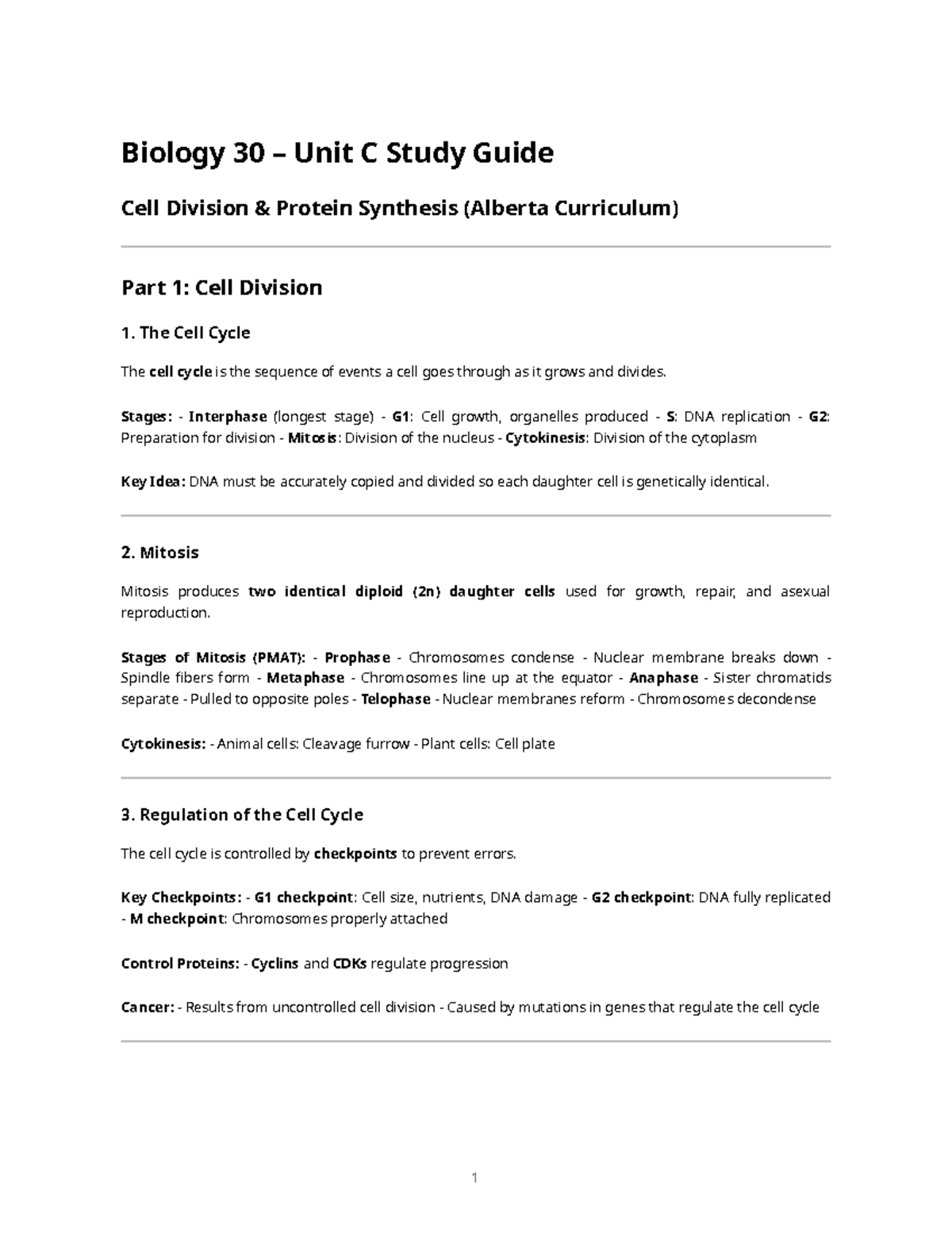 Biology 30 Unit C Study Guide: Cell Division & Protein Synthesis - Studocu