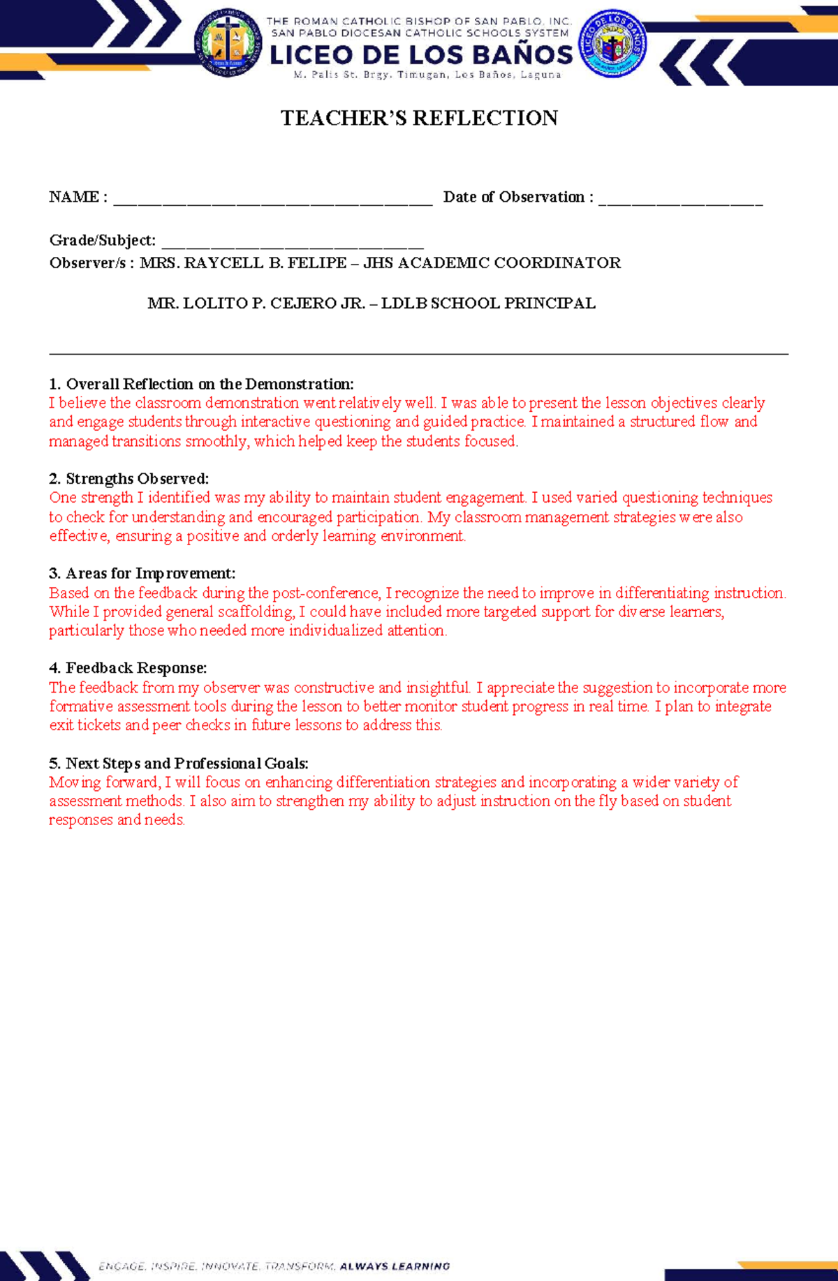 Self-Reflection on Classroom Observation: Insights & Improvement ...