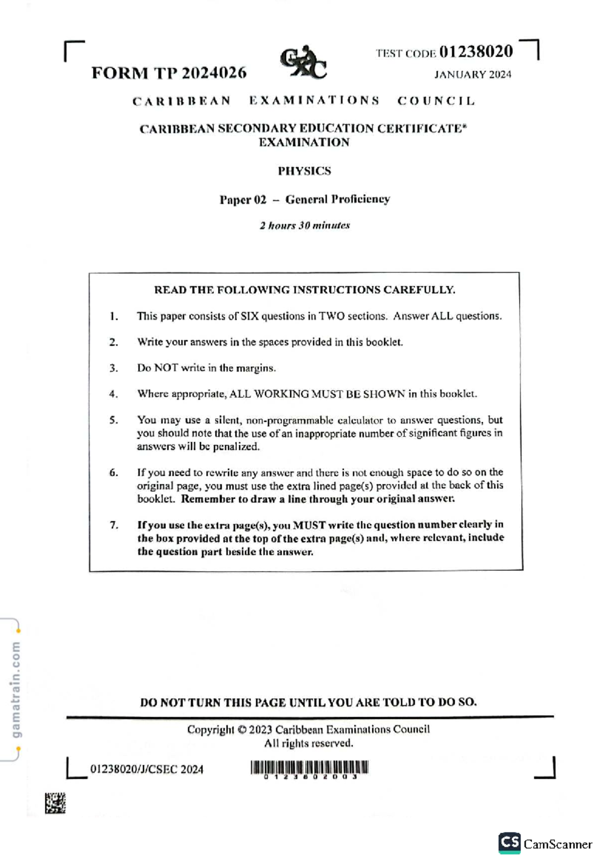 Physics Paper 02 General Proficiency - Test Code 01238020 (Jan 2024 ...