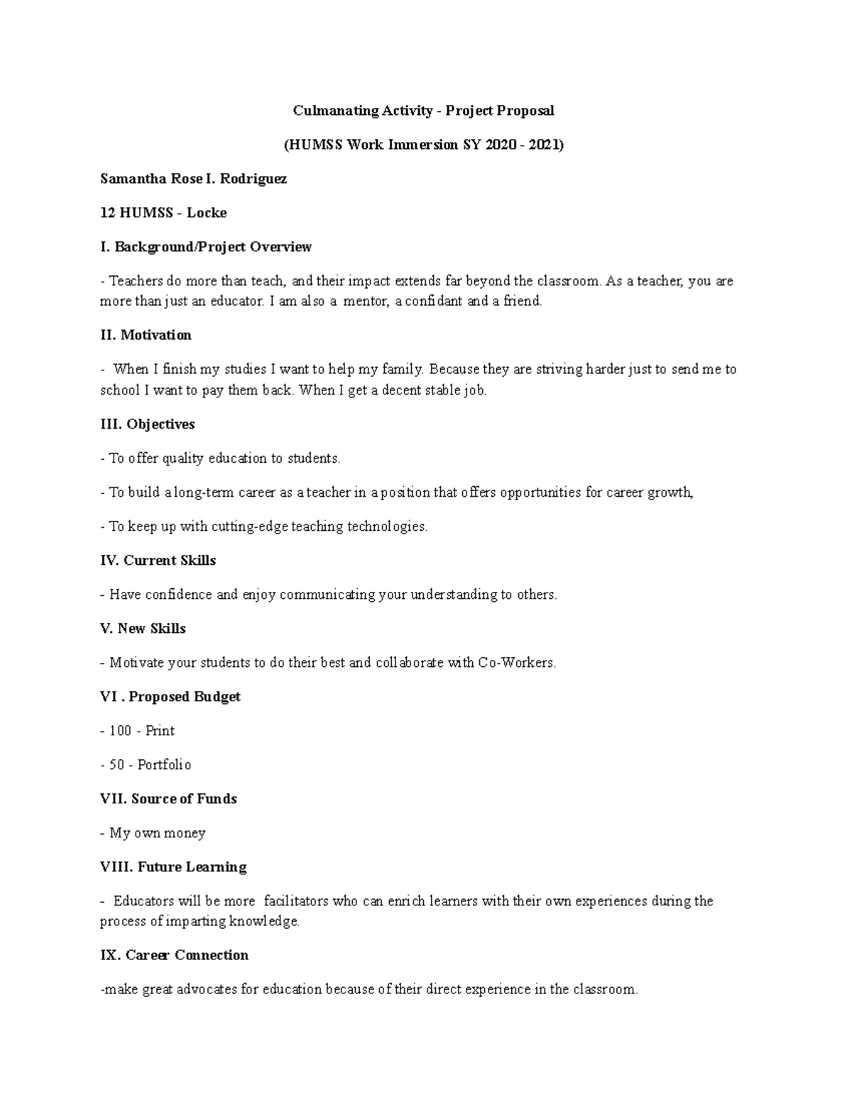 HUMSS Work Immersion Project Proposal by Samantha Rodriguez - Studocu