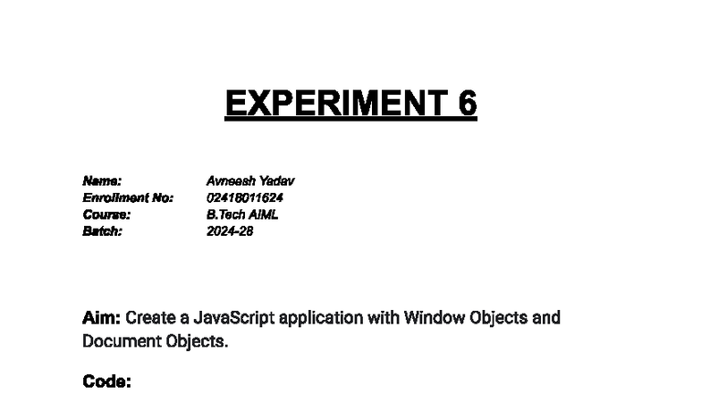 JavaScript Application with Window & Document Objects - EXPERIMENT 6 ...