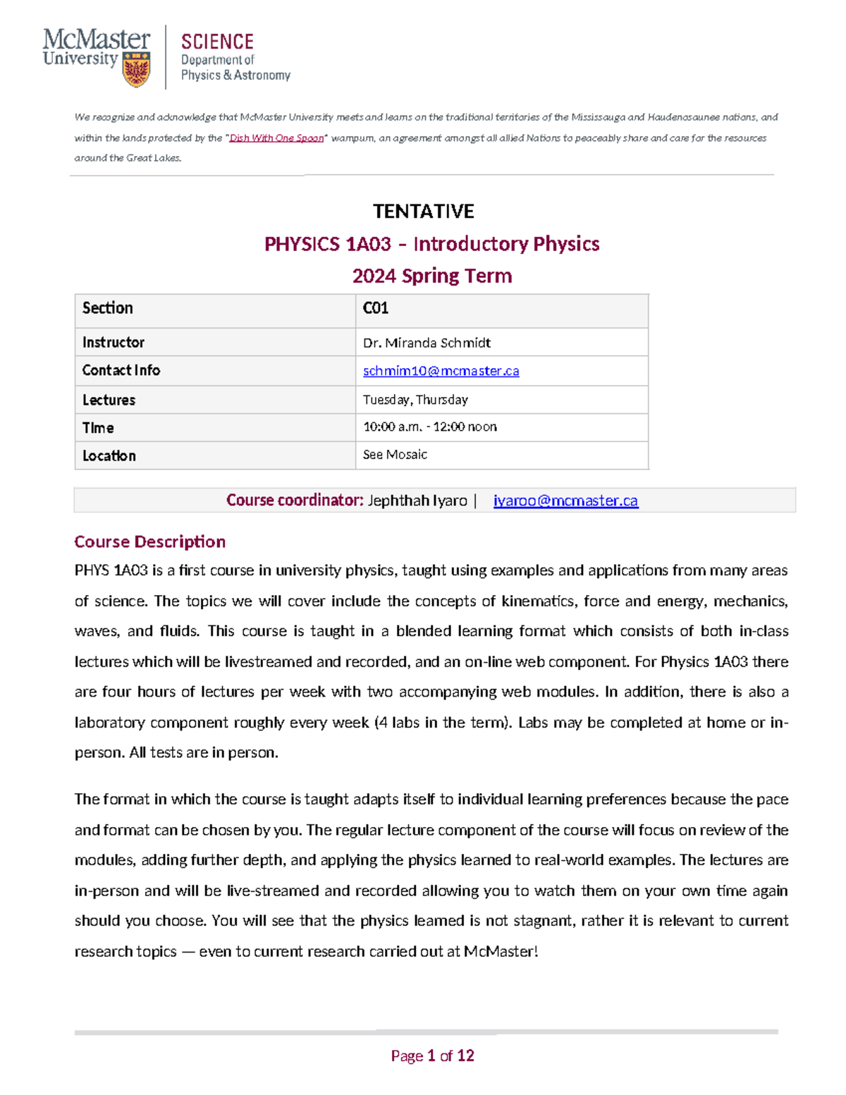 Physics 1A03 Syllabus - Introductory Physics Spring 2024 - Studocu