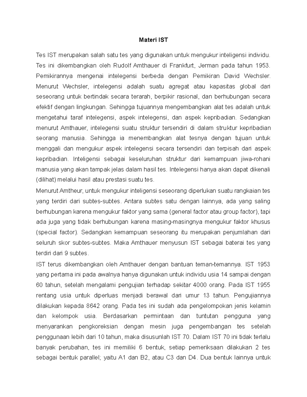 Ringkasan Materi IST: Tes Inteligensi dan Subtes Terkait - Studocu