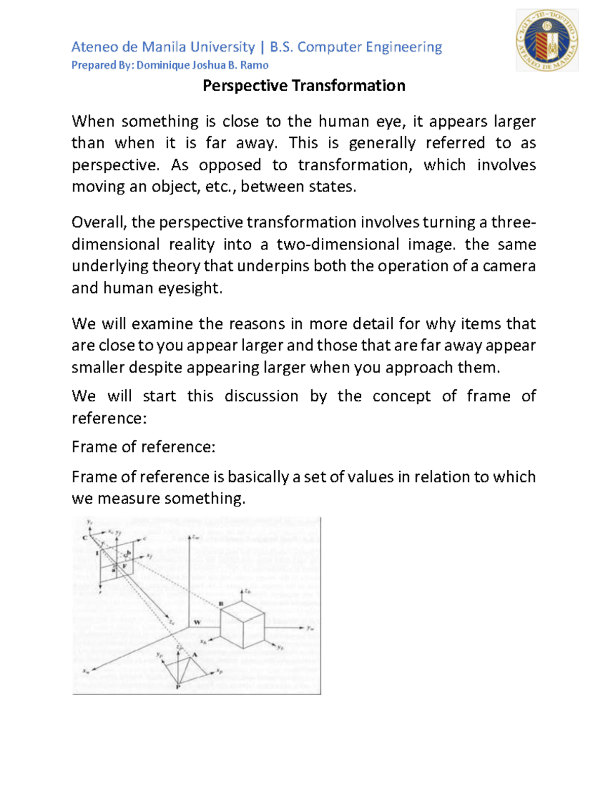 Study Guide - Perspective Transformation - Prepared By: Dominique ...