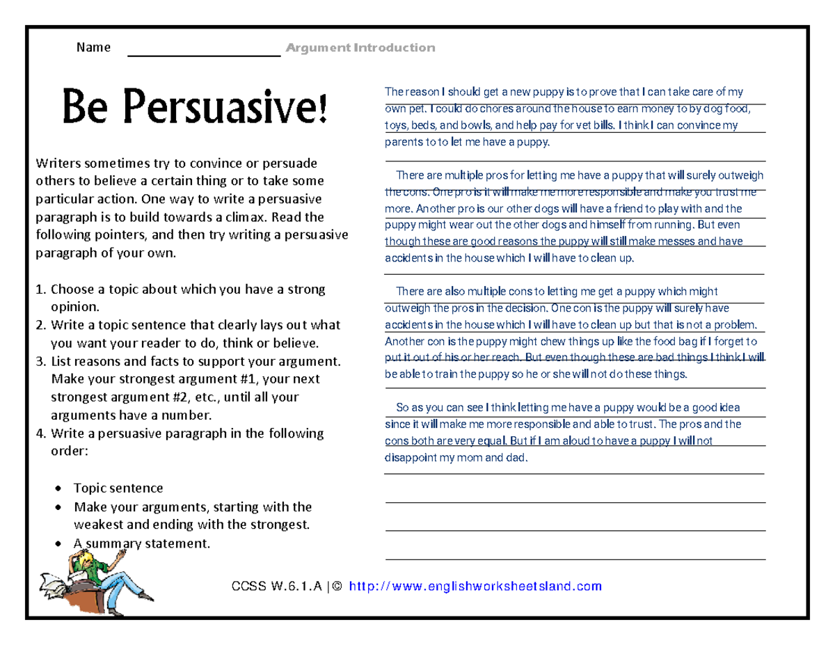 CCSS W.6.1 - Persuasive Argument Writing Guide - Studocu