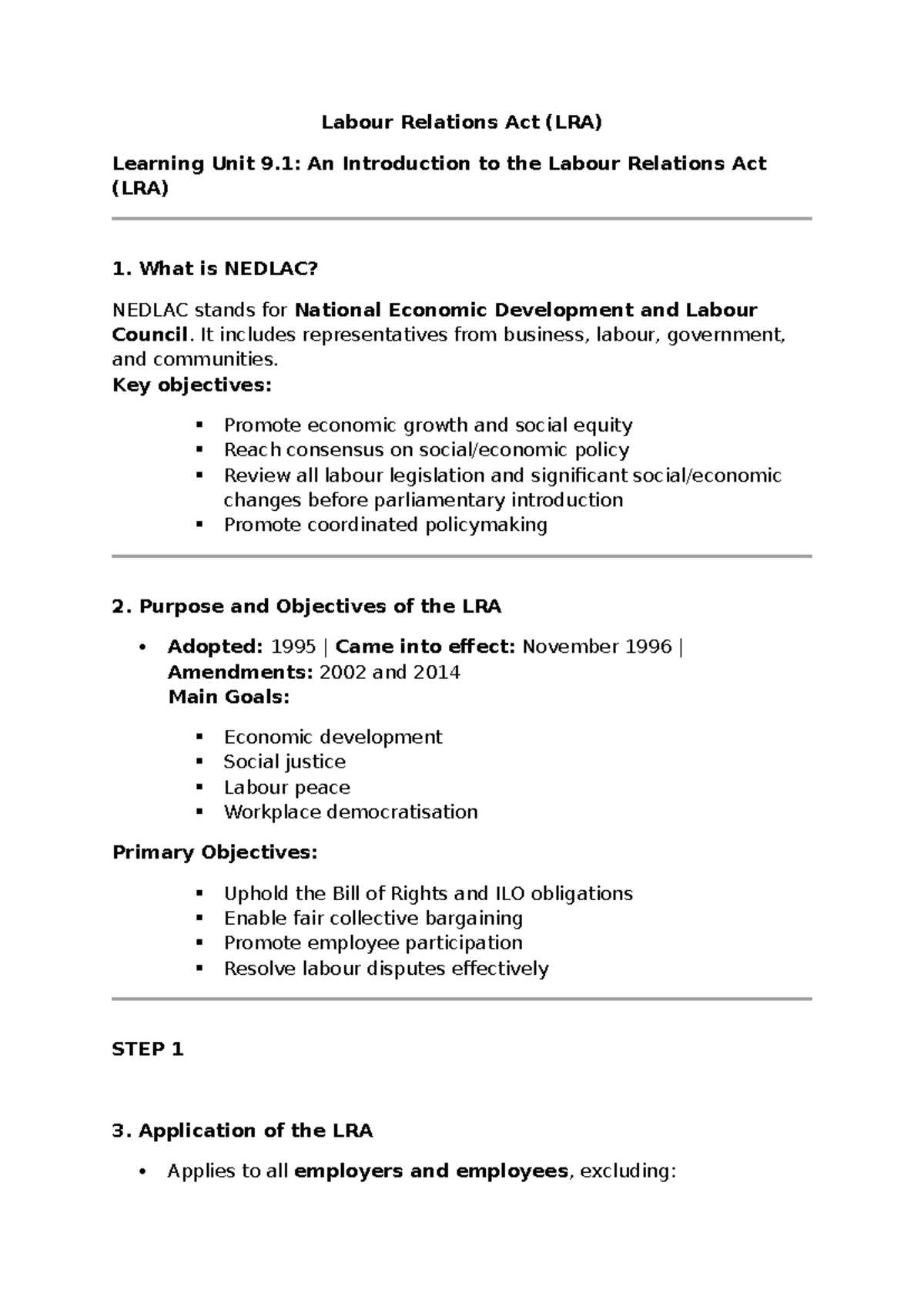 Labour Relations Act (LRA) Learning Unit 9.1: Overview and Key Concepts ...