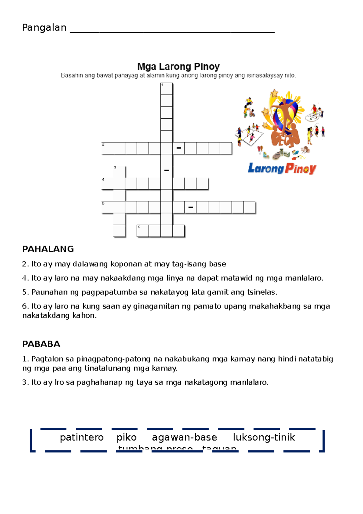 Larong Pinoy Crossword - Pangalan ...