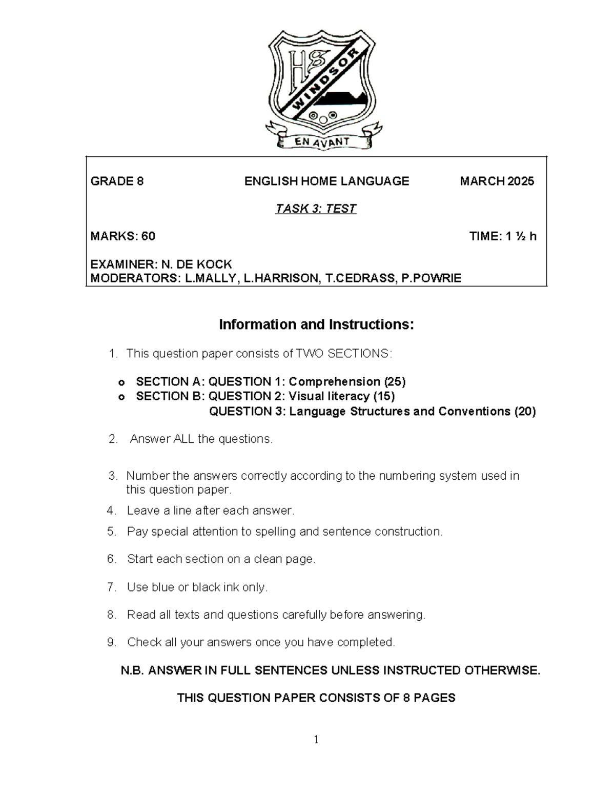 Grade 8 English Home Language Task 3: March 2025 Test Paper - Studocu
