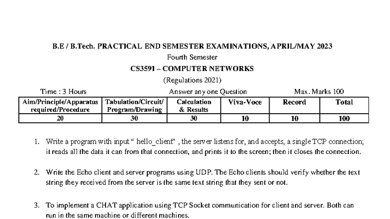 CS3591 COMPUTER NETWORKS Practical Exam Questions - Set 1 - Studocu