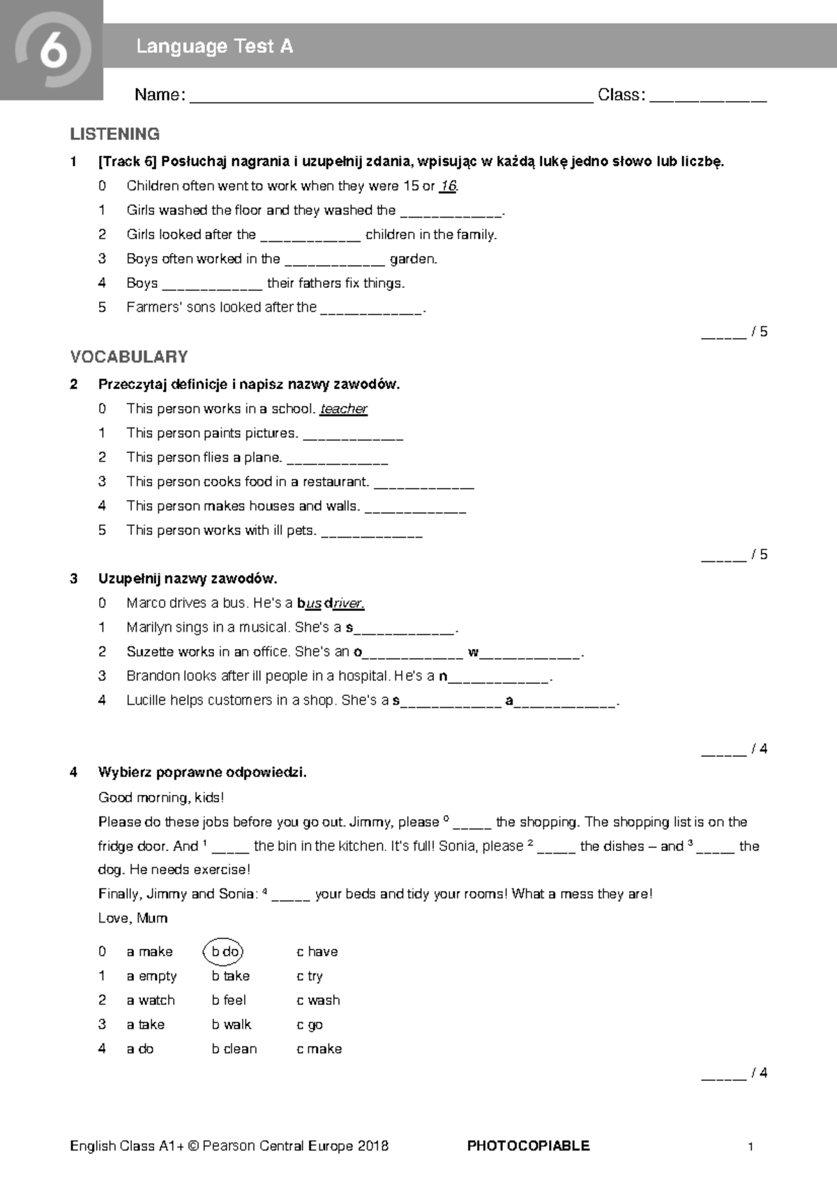 EC A1P - Language Test 6A: Listening, Vocabulary, Grammar, Speaking ...