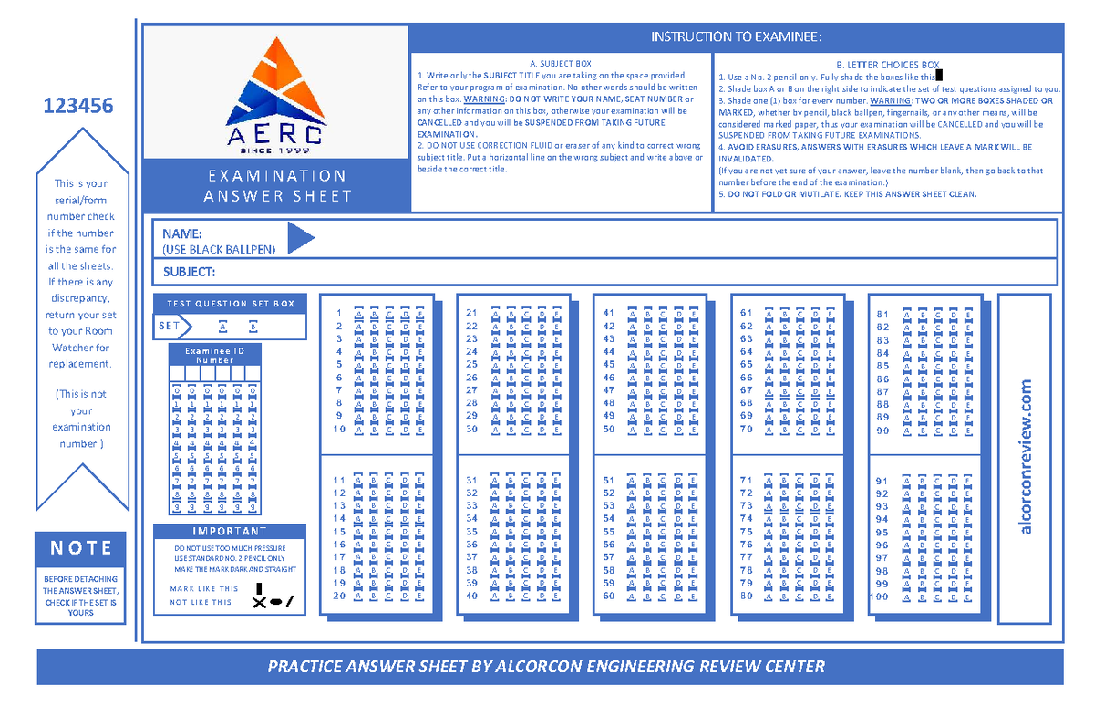 AERC Examination Answer Sheet Instructions - Studocu