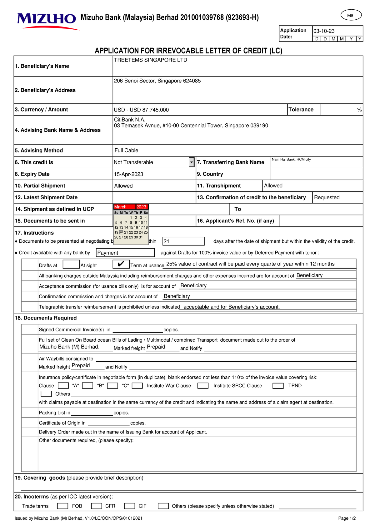 Application for Irrevocable Letter of Credit (LC) - Mizuho Bank - Studocu