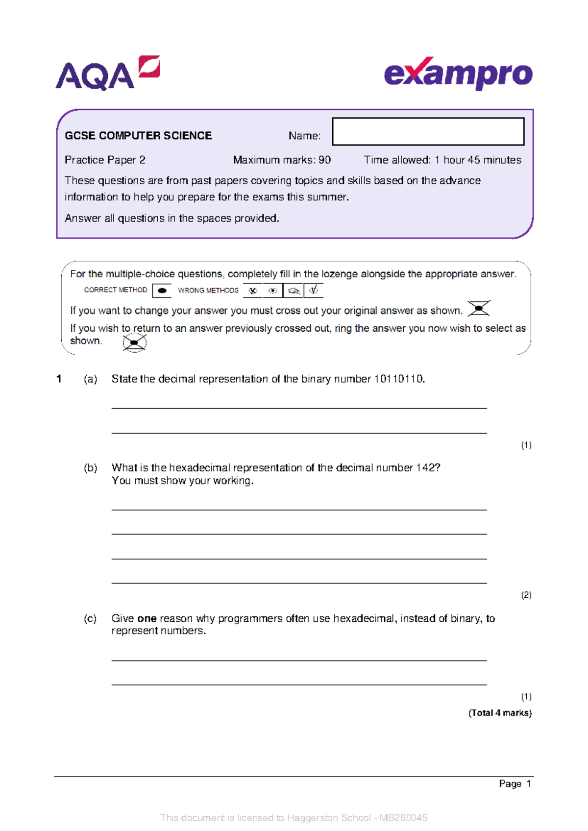 GCSE Computer Science Practice Paper 2 Exam Questions and Answers - Studocu