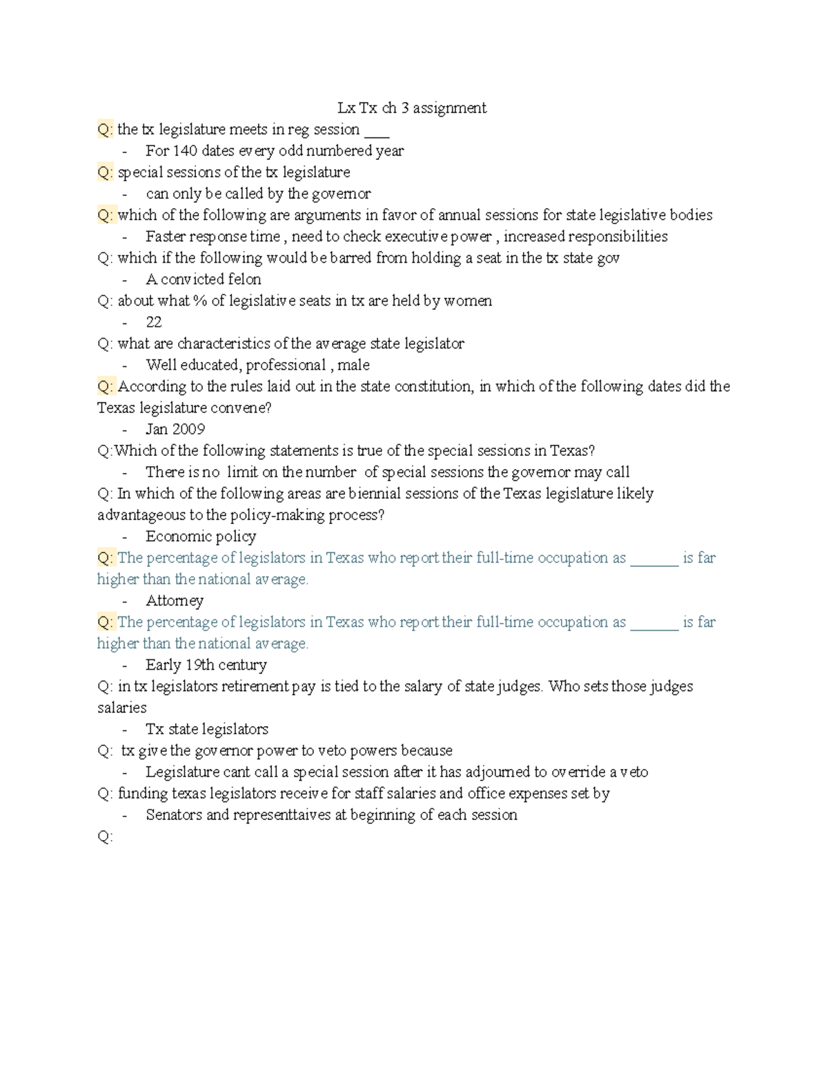 Lx Tx Ch 3 Assignment: Overview of Texas Legislature Functions - Studocu