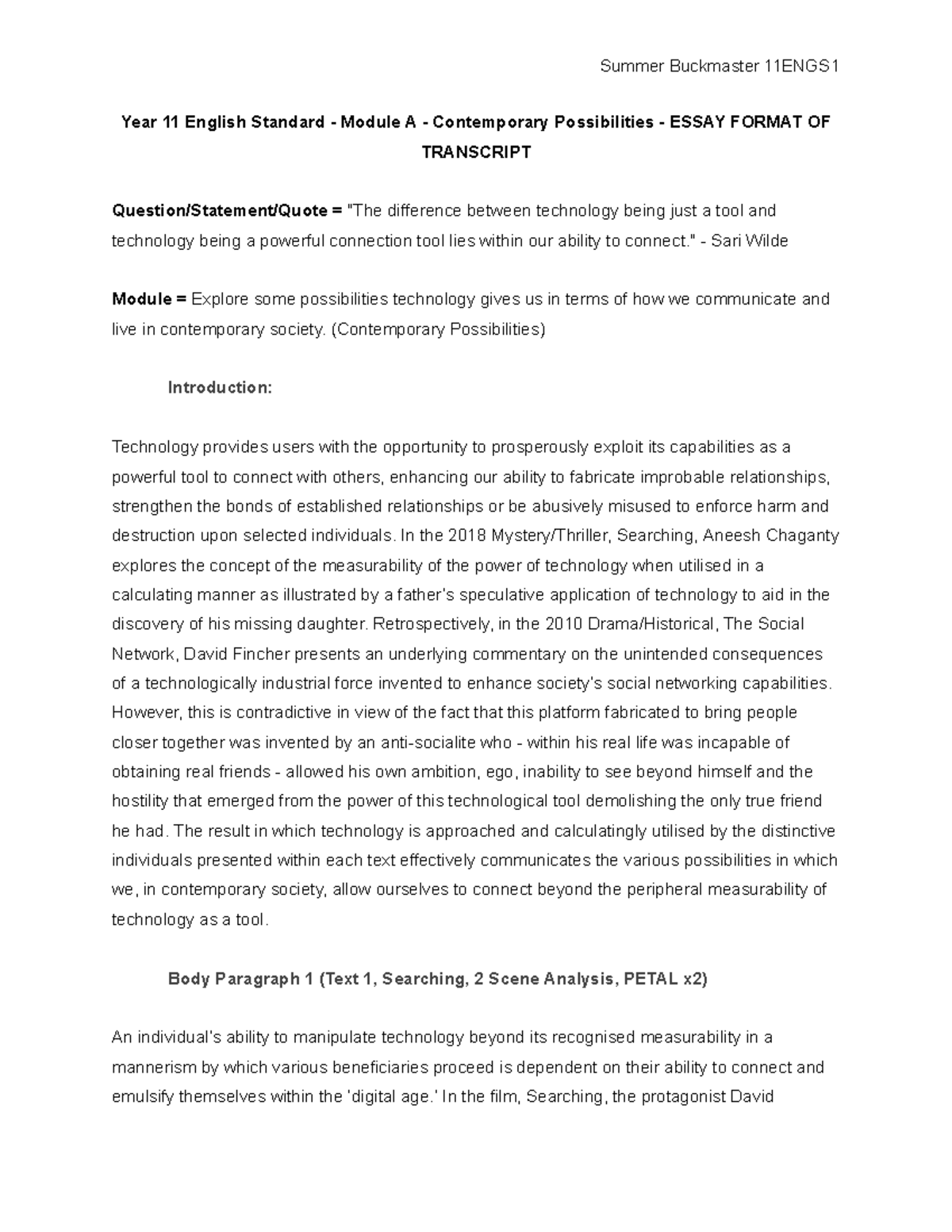 Year 11 English Standard - Module A - Contemporary Possibilities ...