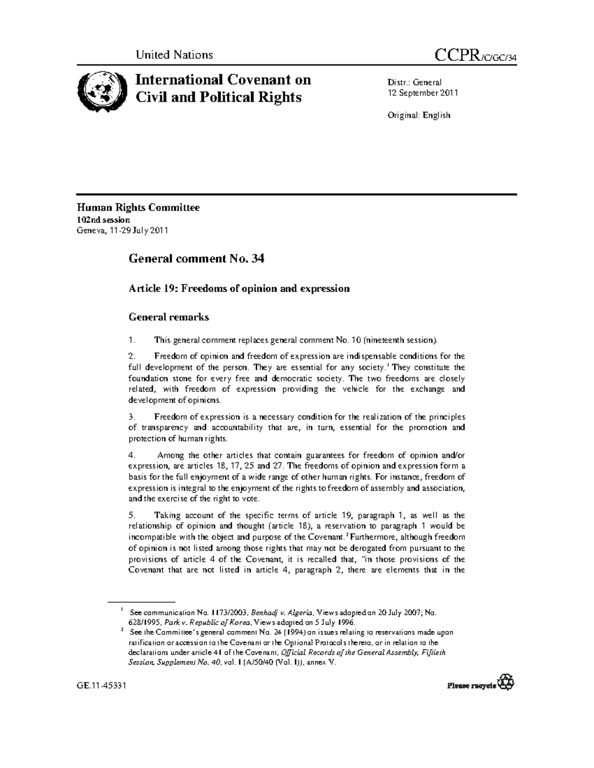 General Comment No. 34: Article 19 - Freedoms of Opinion & Expression ...