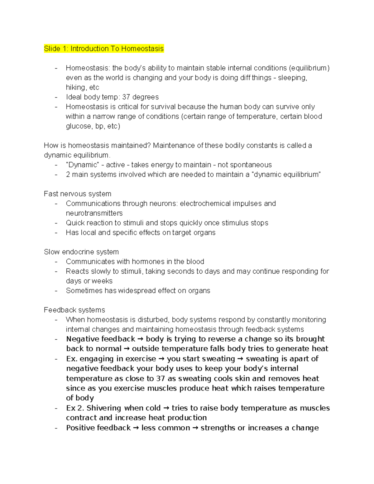 Unit 4: Homeostasis & Nervous System Notes for Bio 101 - Studocu