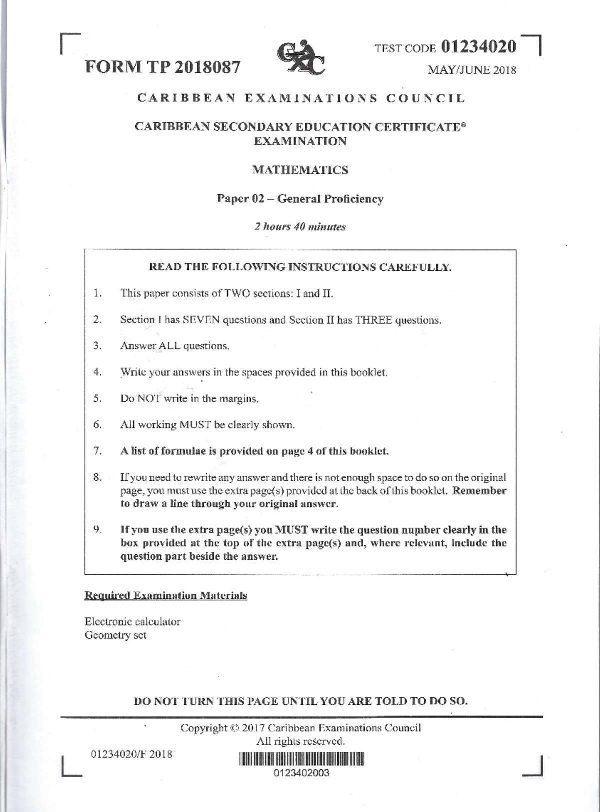 June 2018 CSEC Maths Paper 2 Past Exam Paper Review - Studocu