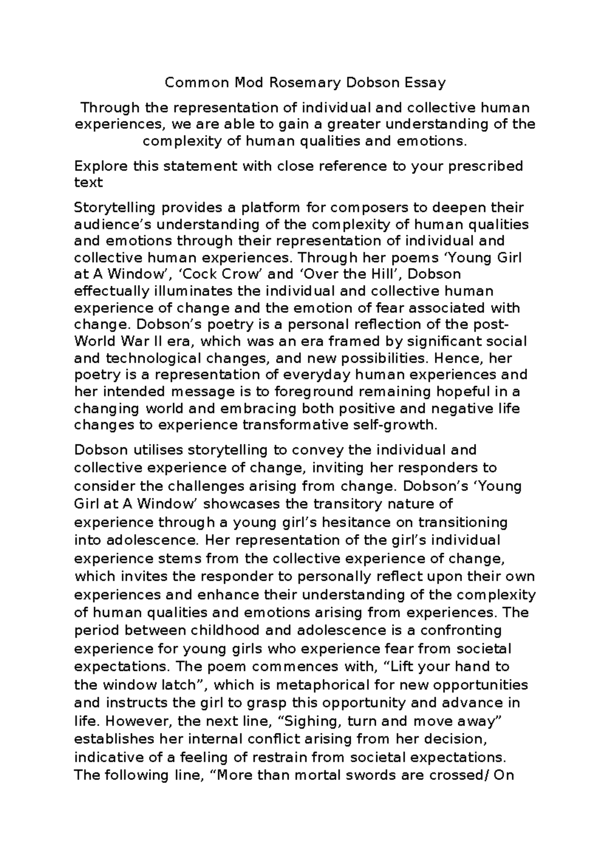 Common Mod: Exploring Change and Complexity in Rosemary Dobson's Poetry ...