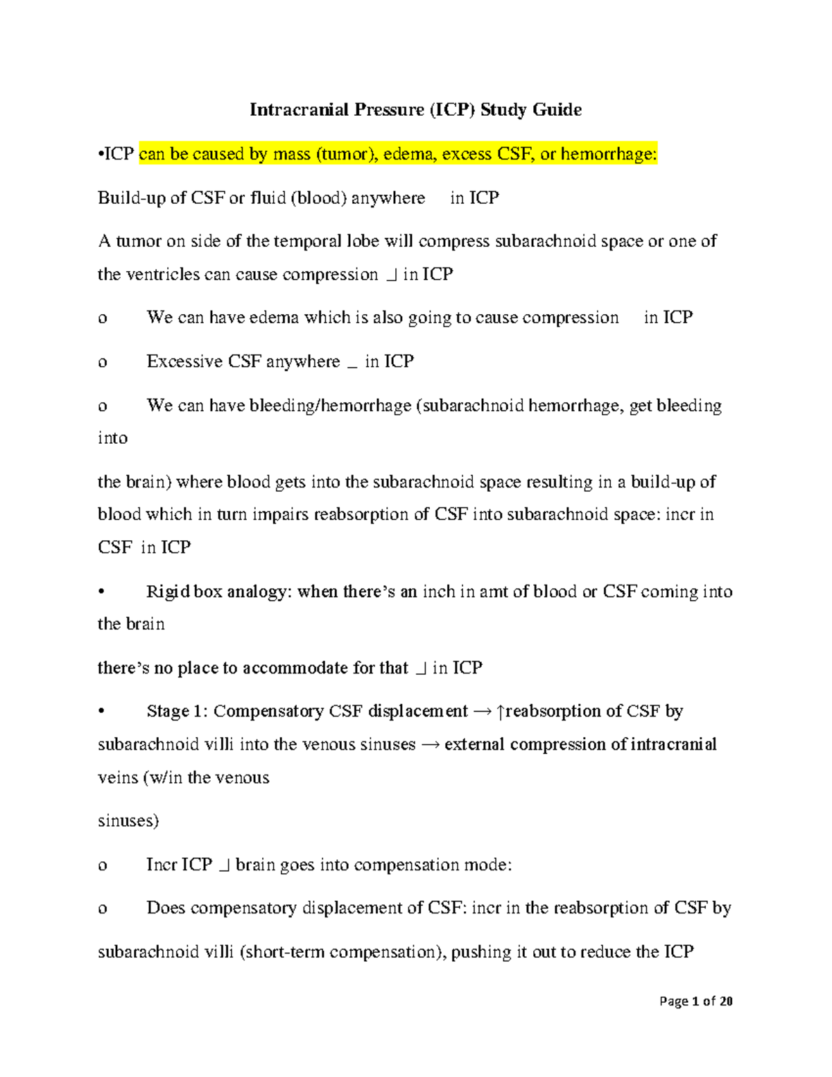Intracranial Pressure (ICP) Study Guide: Stages, Effects, and ...