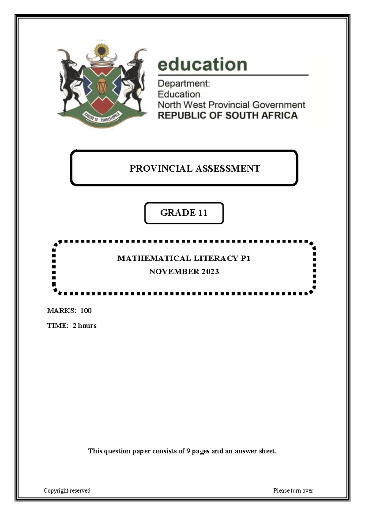 Grade 11 Math Literacy P1 Question Paper Nov 2023 - Studocu