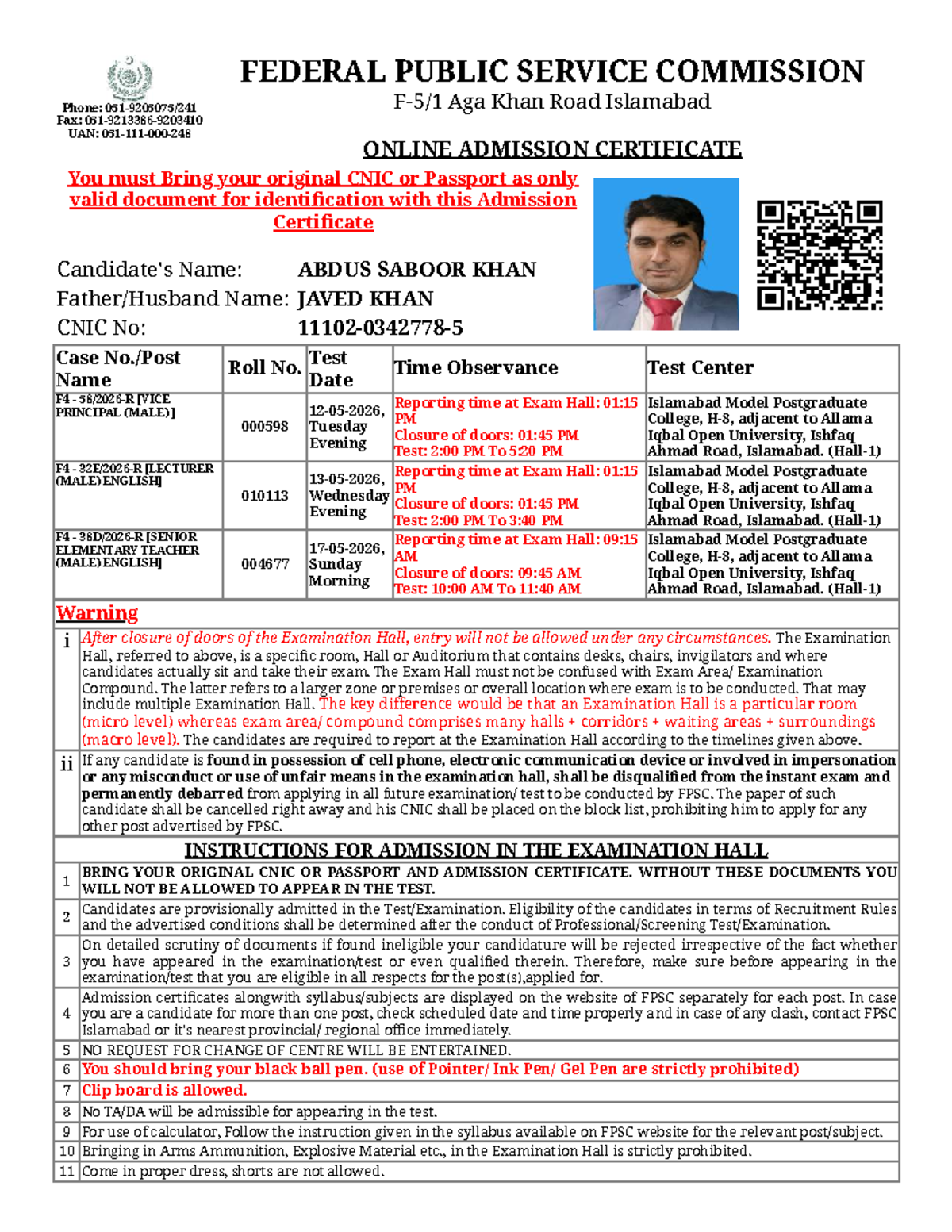 FPSC Admission Certificate for Abdus Saboord Khan & Javed Khan - Studocu