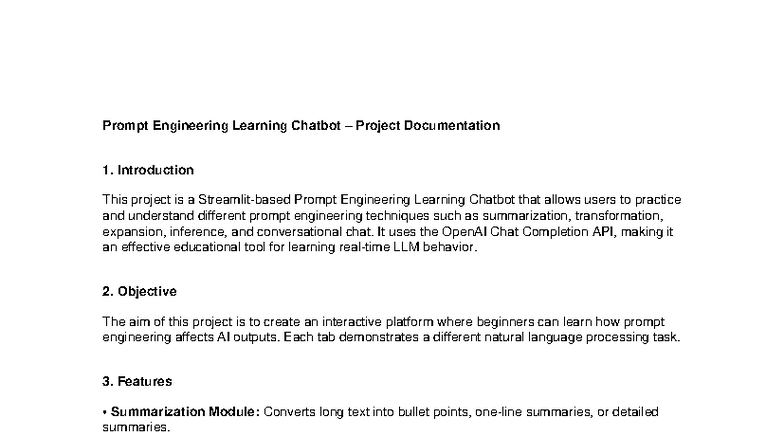 Prompt Engineering Learning Chatbot Project Documentation - Studocu