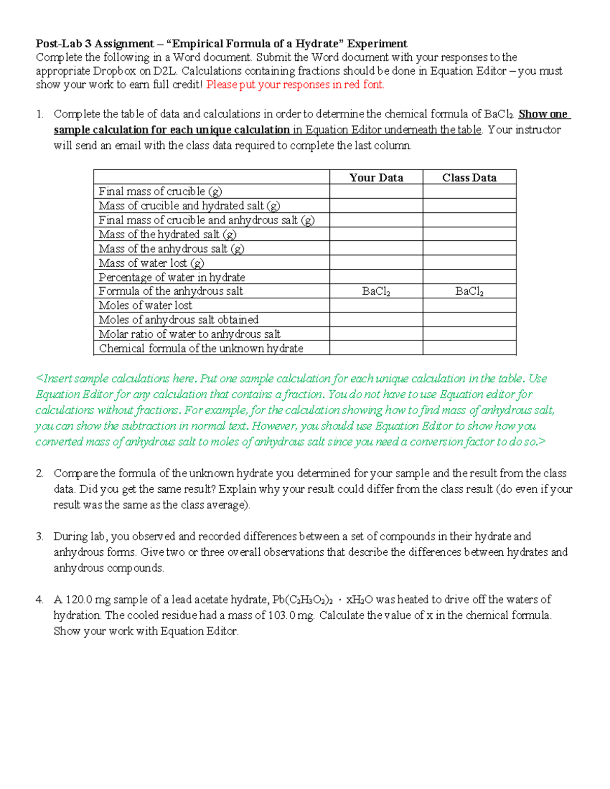 Post-Lab 3 - uploaded - Post-Lab 3 Assignment – “Empirical Formula of a ...