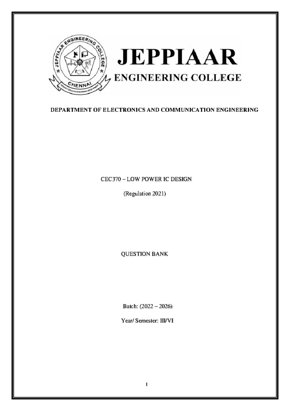 CEC370 Low Power IC Design (Regulation 2021) Question Bank - Studocu