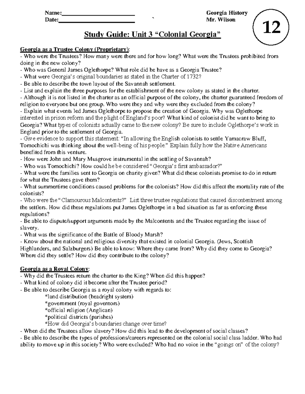 #12 Study Guide: Unit 3 - Colonial Georgia Overview and Key Concepts ...