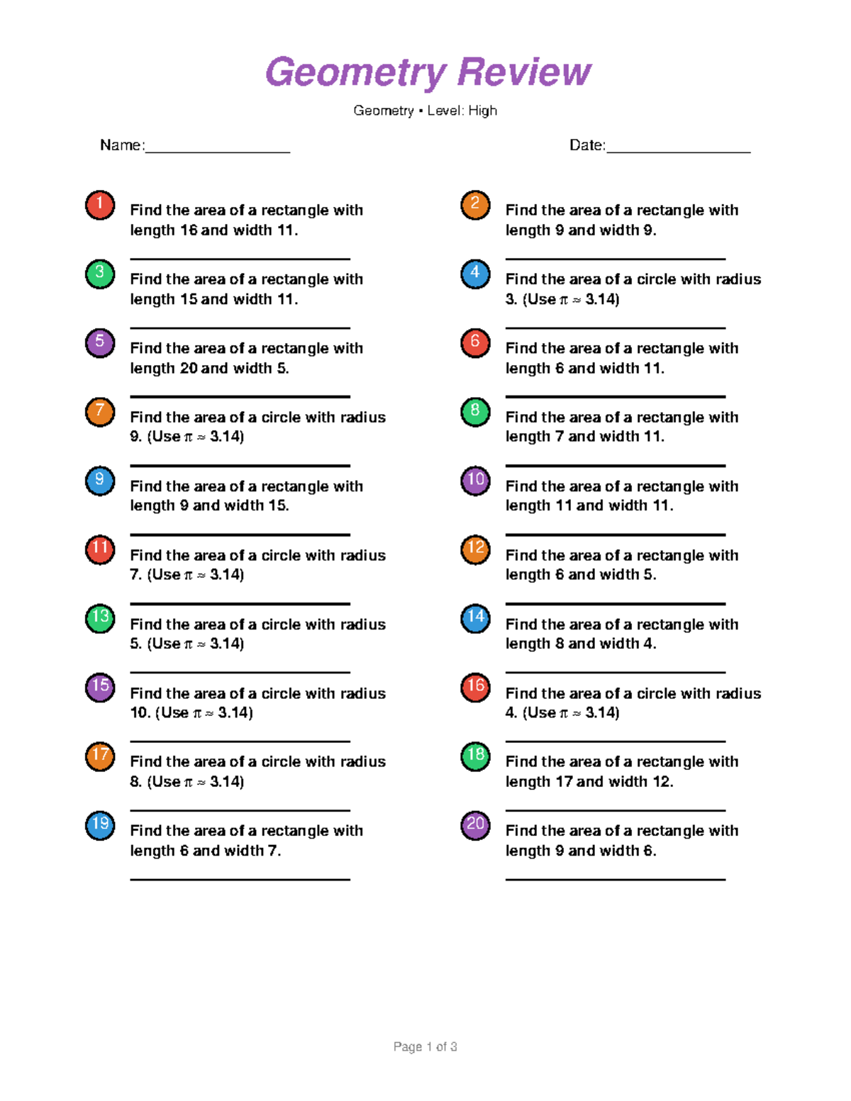 Geometry Review: Area Calculations & Solutions (Level High 1) - Studocu