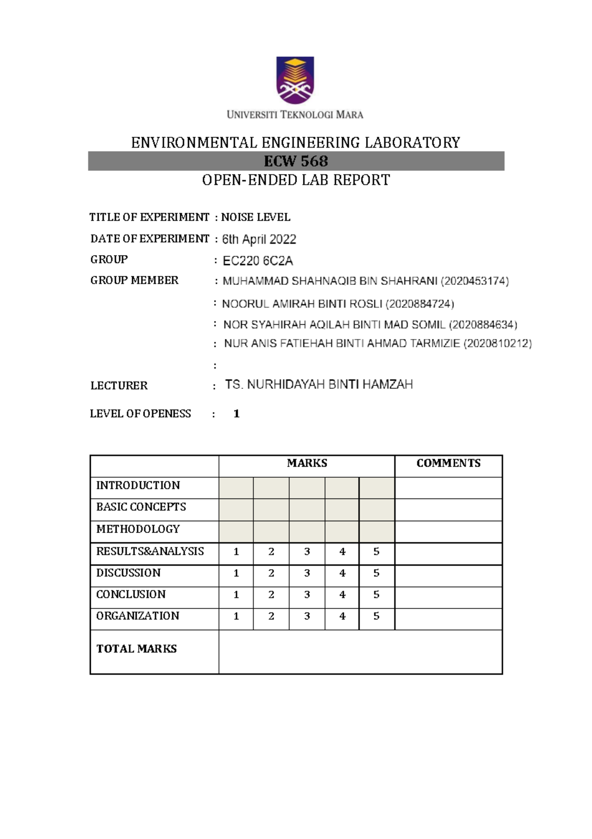 LAB Report on Noise Level Measurements - ECW 568 - Studocu