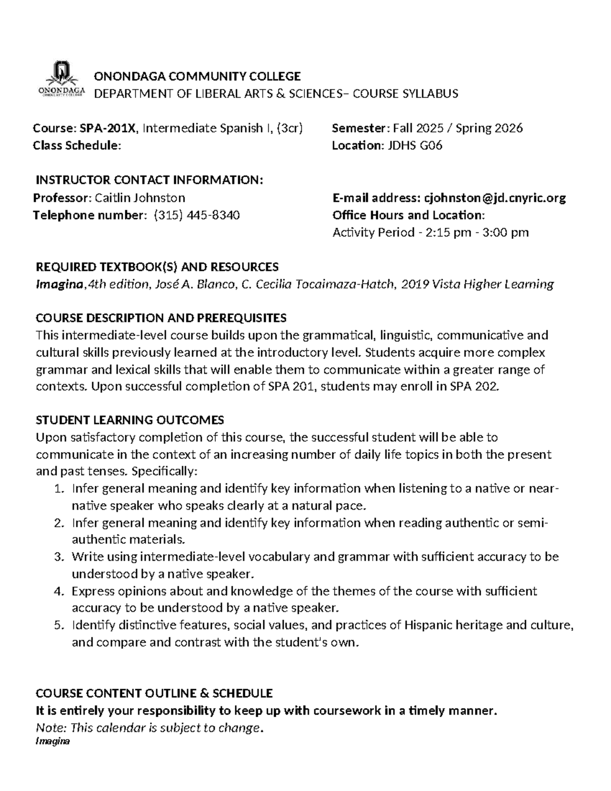 OCC SPA 201 Syllabus: Intermediate Spanish I (Fall 2025 - Spring 2026 ...