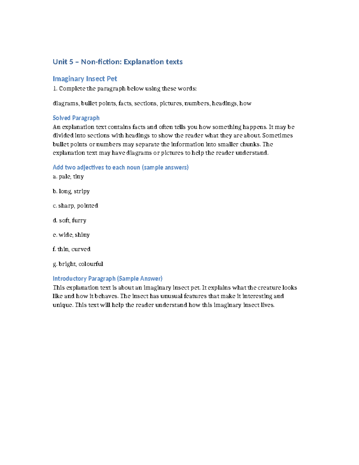 Unit 5 Explanation Texts: Imaginary Insect Pet Solved (Class 4-2) - Studocu