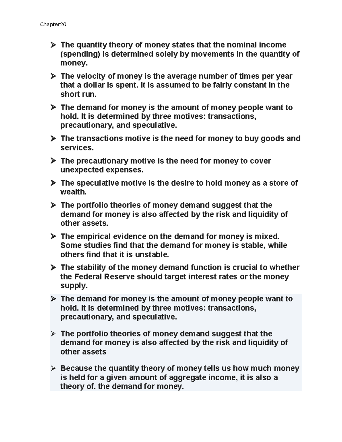 Chapter 20 note - Summary monetarytheory - The quantity theory of money ...