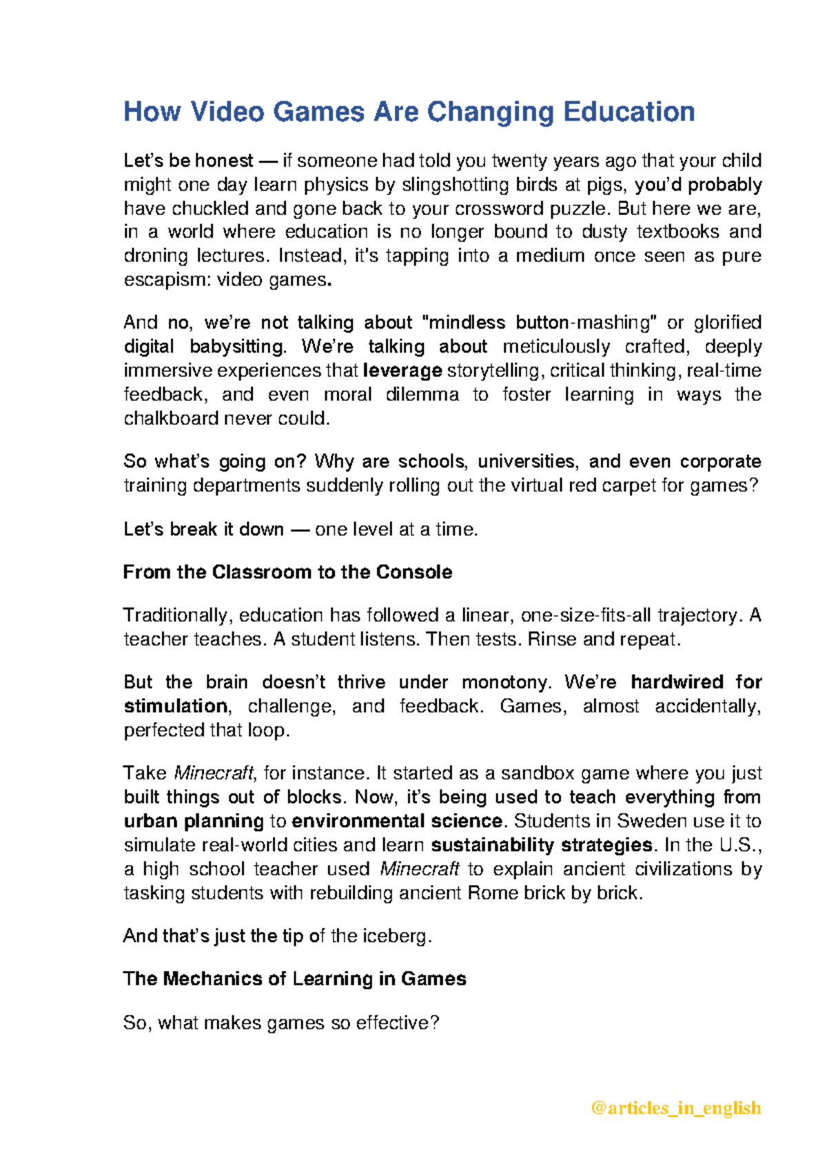 EDU 101: How Video Games Transform Learning in Modern Education - Studocu