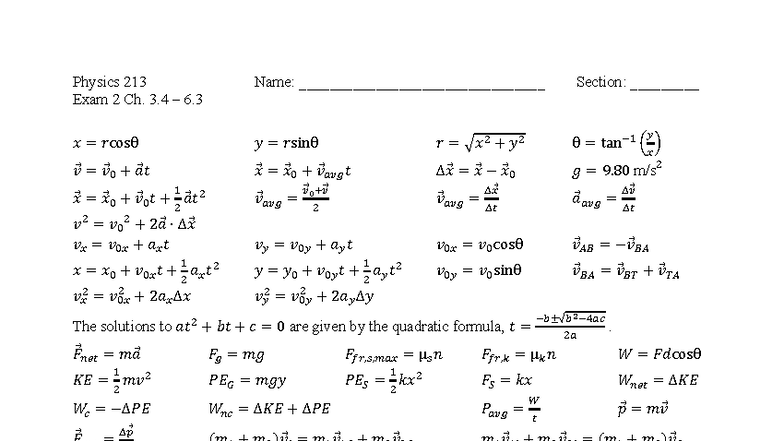 Physics 213 Exam 2: Kinematics and Dynamics Concepts - Studocu
