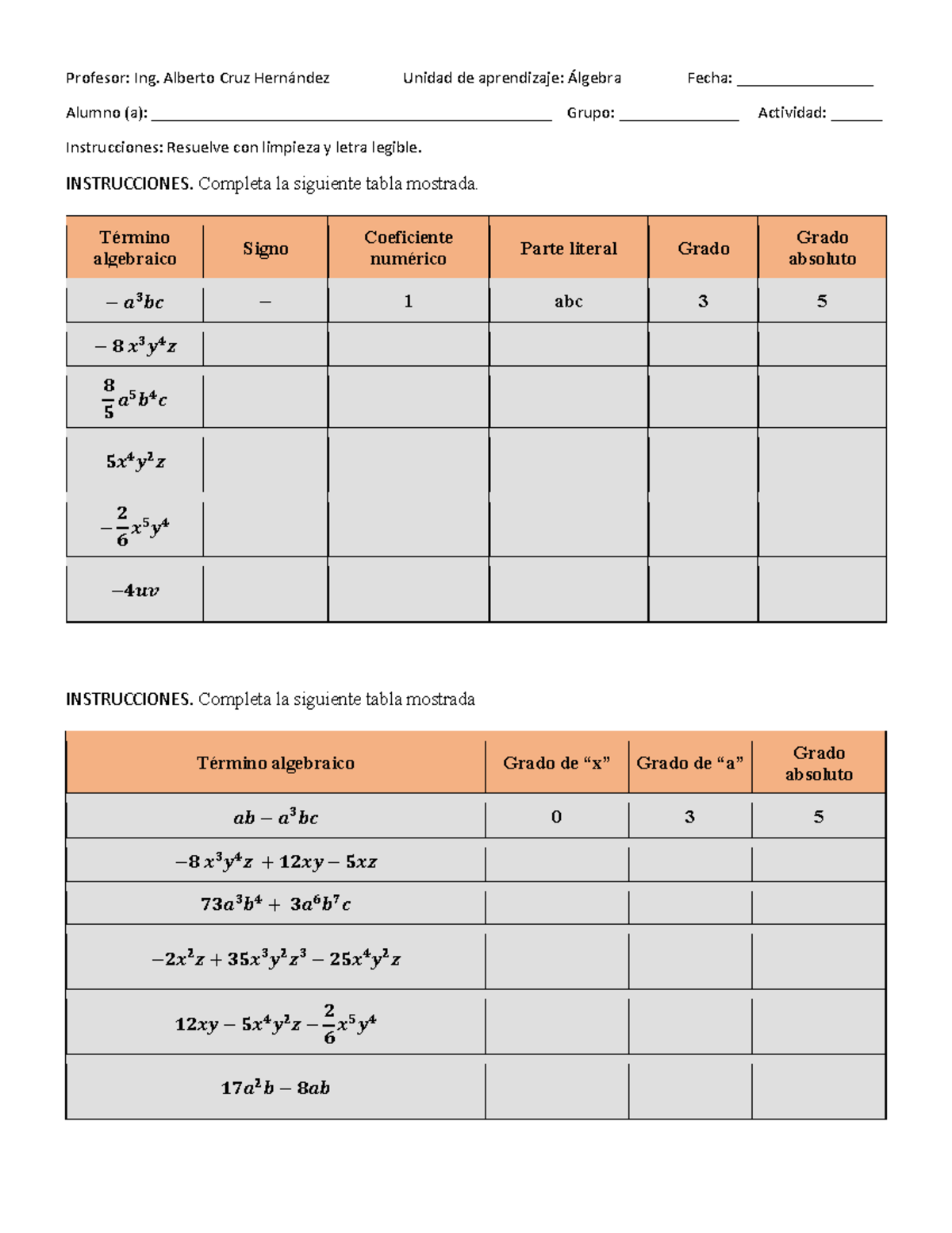Álgebra: Grado de Monomios y Polinomios - Actividad 2023 - Studocu