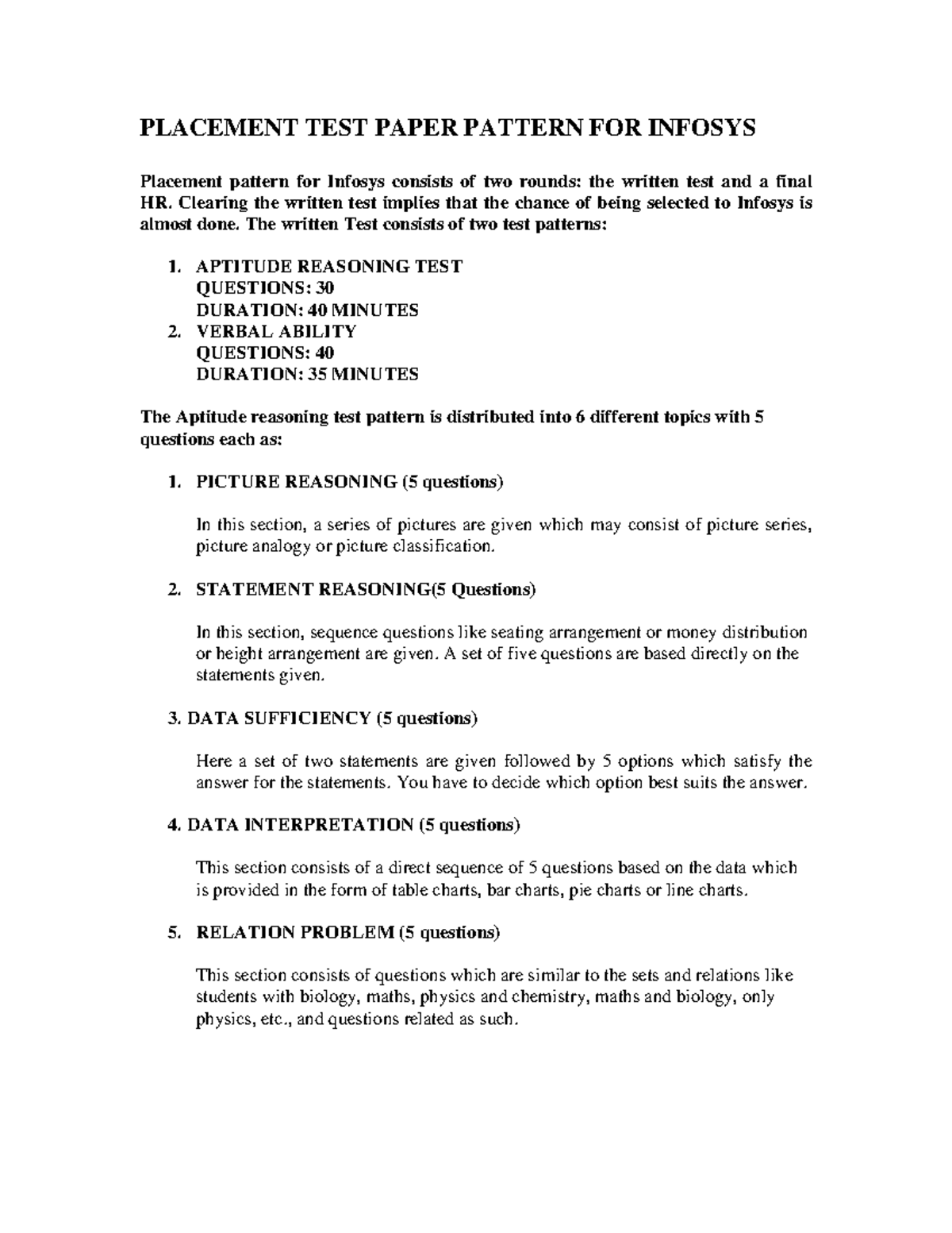 INFOSYS PLACEMENT TEST PATTERN: APTITUDE & VERBAL ABILITY GUIDE - Studocu
