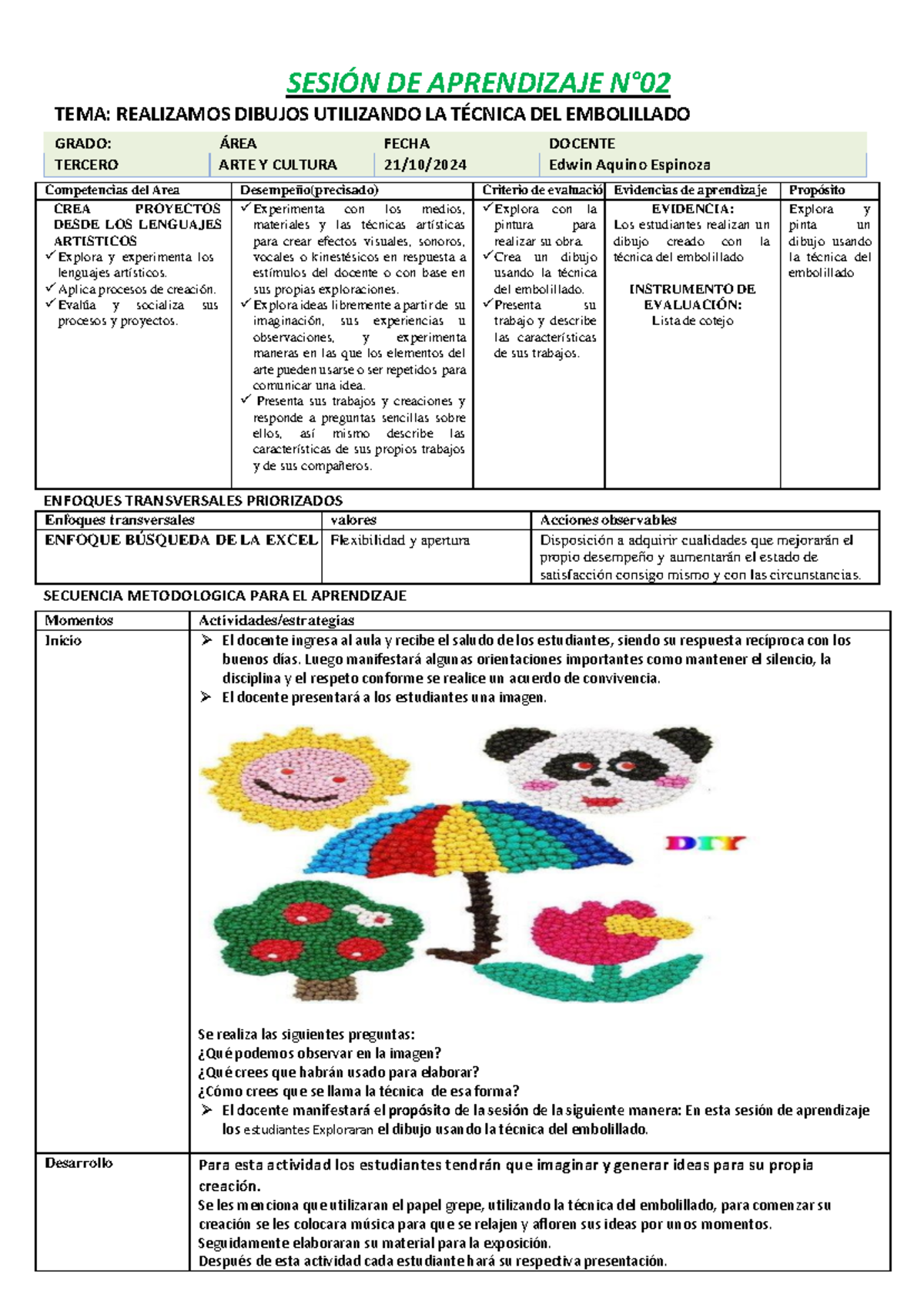 Técnica del Embolillado: Sesión de Aprendizaje N°0 - Tercer Grado - Studocu