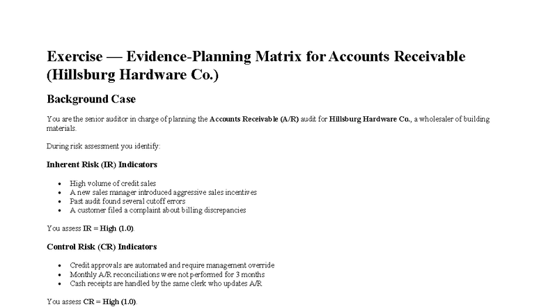 Exercise Matrix for Accounts Receivable Audit (ACCT 301) - Studocu