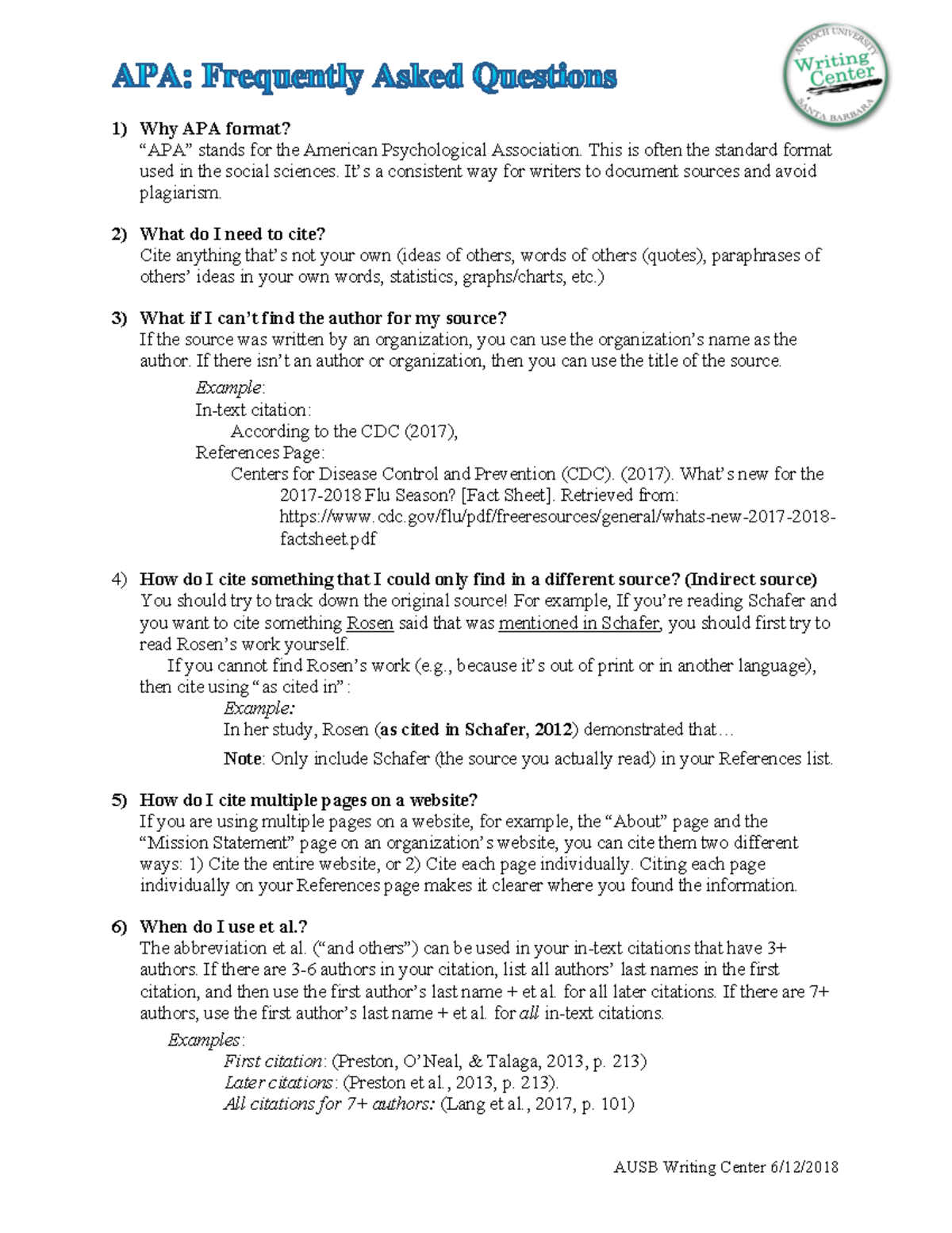 APA- citing and referencing - AUSB Writing Center 6/12/ 1) Why APA ...