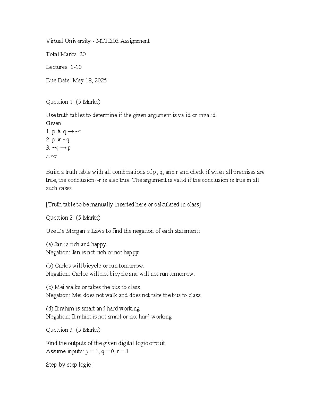 MTH202 Assignment: Truth Tables, De Morgan's Laws & Logic Circuit ...