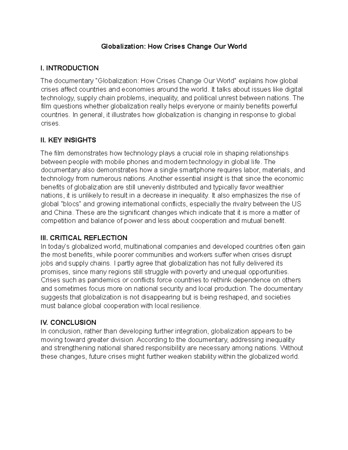 Globalization and Crises: Insights from Documentary I (Bueno 230661 ...