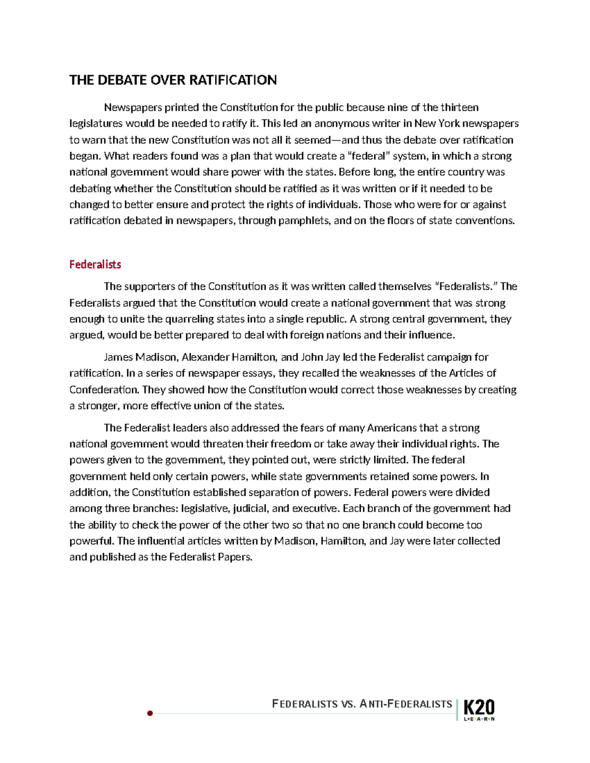 The Ratification Debate: Federalists vs. Anti-Federalists Overview ...