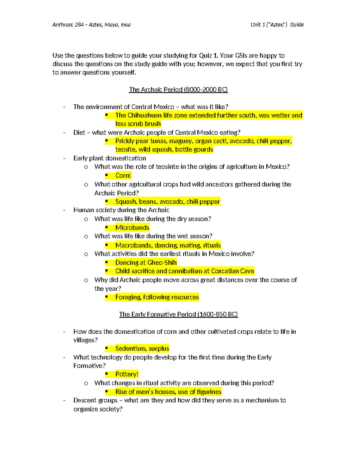 Anthrarc 284 Aztec, Maya, Inca Unit 1 Quiz Study Guide - Studocu